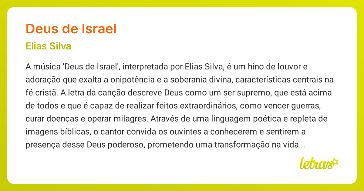 Significado da música DEUS DE ISRAEL (Elias Silva) - LETRAS.MUS.BR