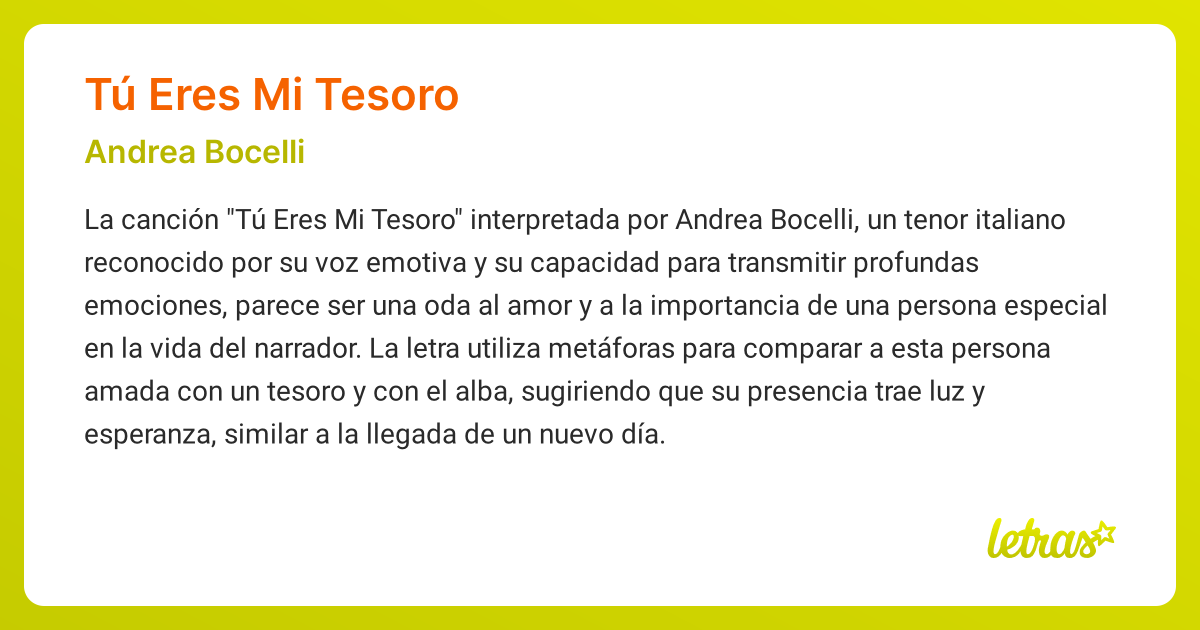 Significado de la canción TÚ ERES MI TESORO (Andrea Bocelli) - LETRAS.COM