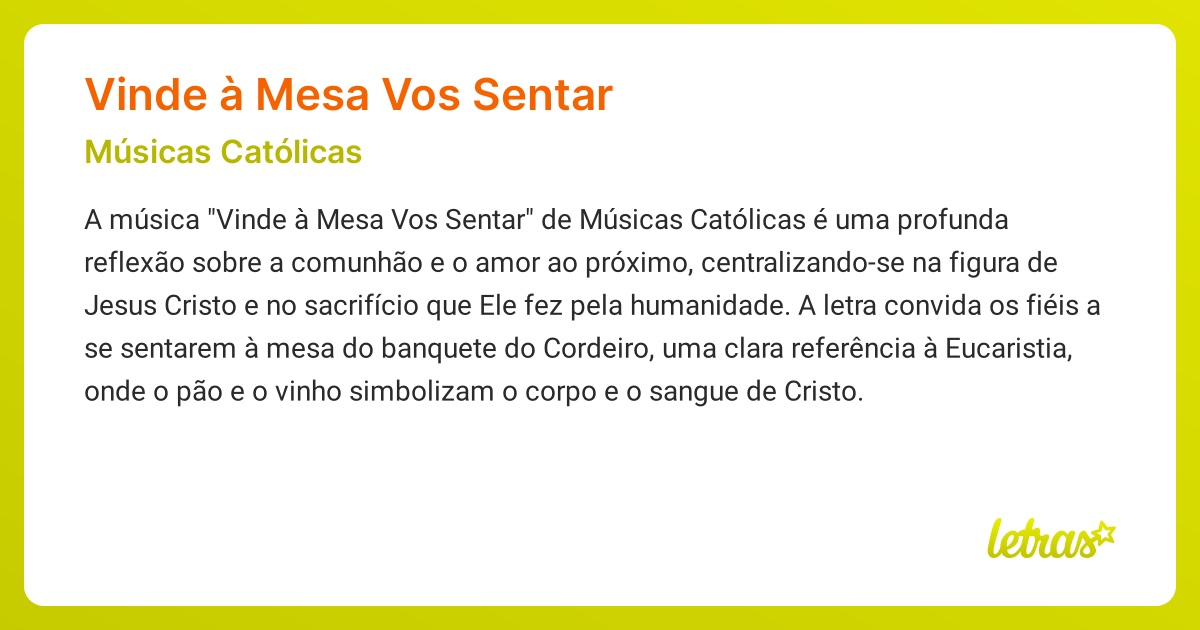 Significado da música VINDE À MESA VOS SENTAR (Músicas Católicas ...