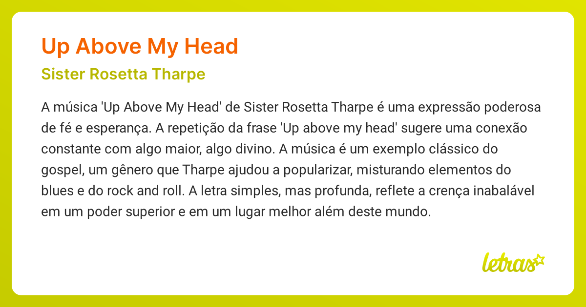 Significado da música UP ABOVE MY HEAD (Sister Rosetta Tharpe) - LETRAS ...