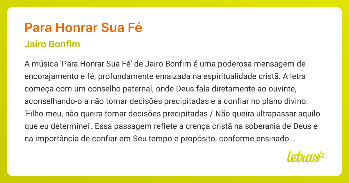 Significado da música PARA HONRAR SUA FÉ (Jairo Bonfim) - LETRAS.MUS.BR