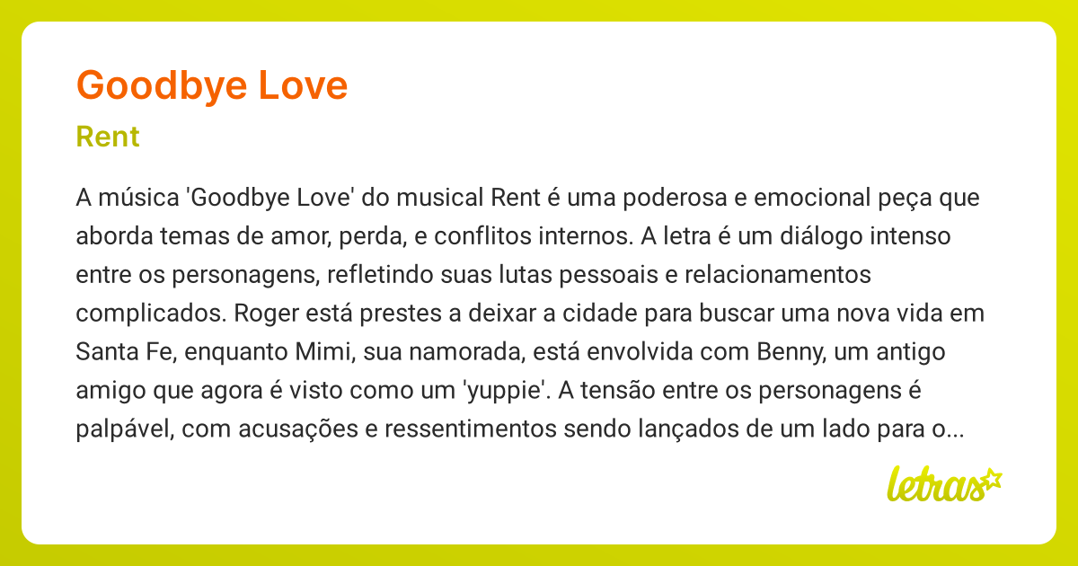 Significado da música GOODBYE LOVE (Rent) - LETRAS.MUS.BR