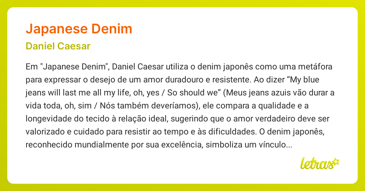 Significado da música JAPANESE DENIM (Daniel Caesar) - LETRAS.MUS.BR