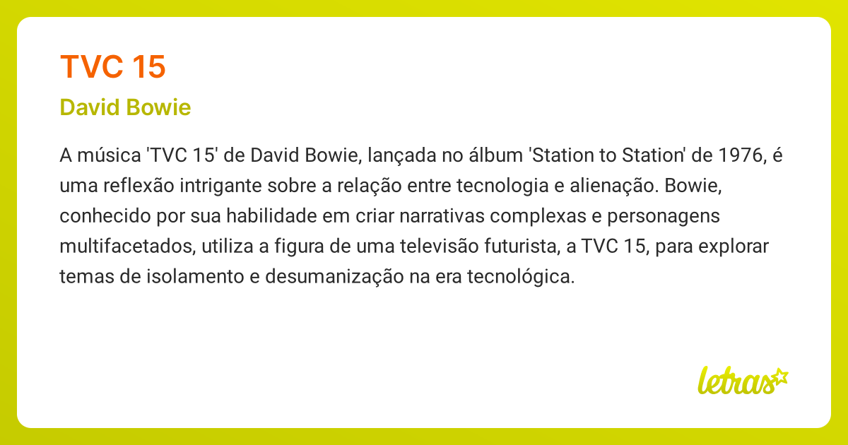 Significado da música TVC 15 (David Bowie) - LETRAS.MUS.BR