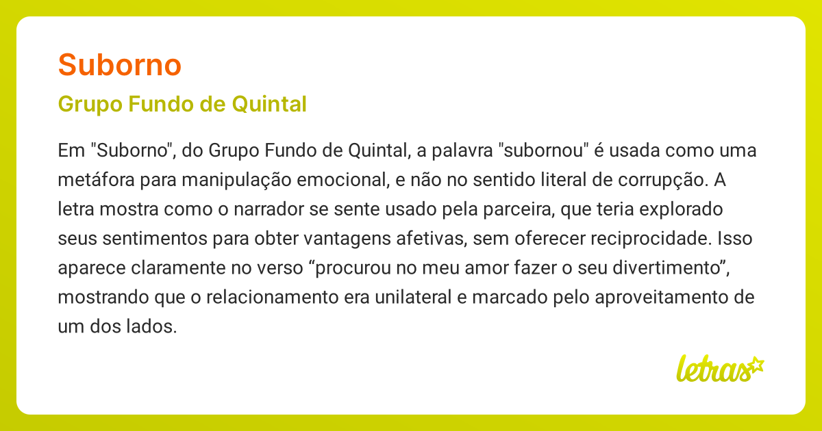 Significado da música SUBORNO (Grupo Fundo de Quintal) - LETRAS.MUS.BR