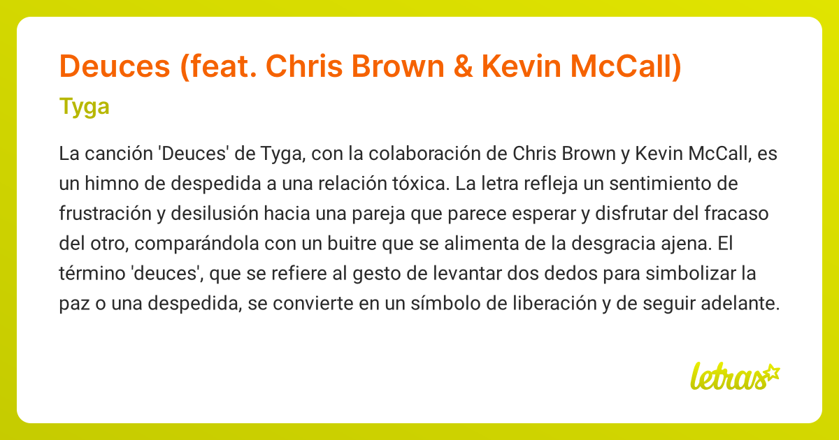 Significado de la canción Deuces (feat. Chris Brown & Kevin McCall ...