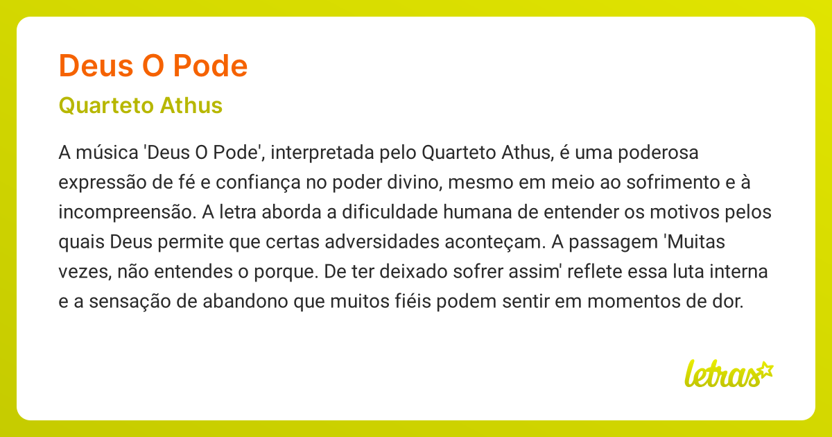 Significado da música DEUS O PODE (Quarteto Athus) - LETRAS.MUS.BR