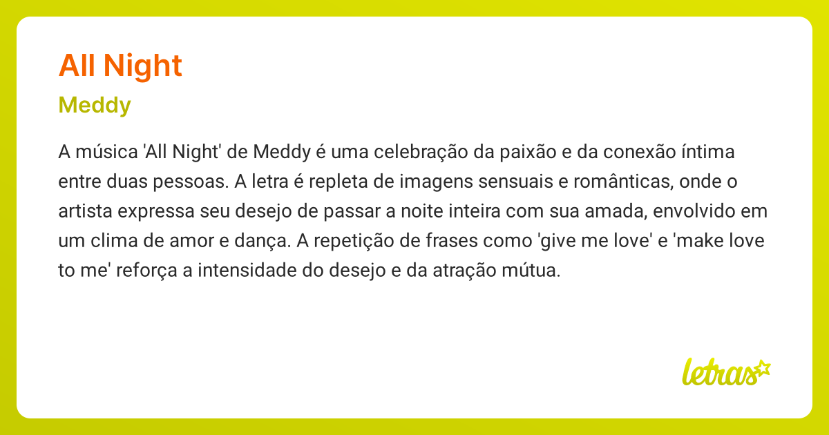 Significado da música ALL NIGHT (Meddy) - LETRAS.MUS.BR