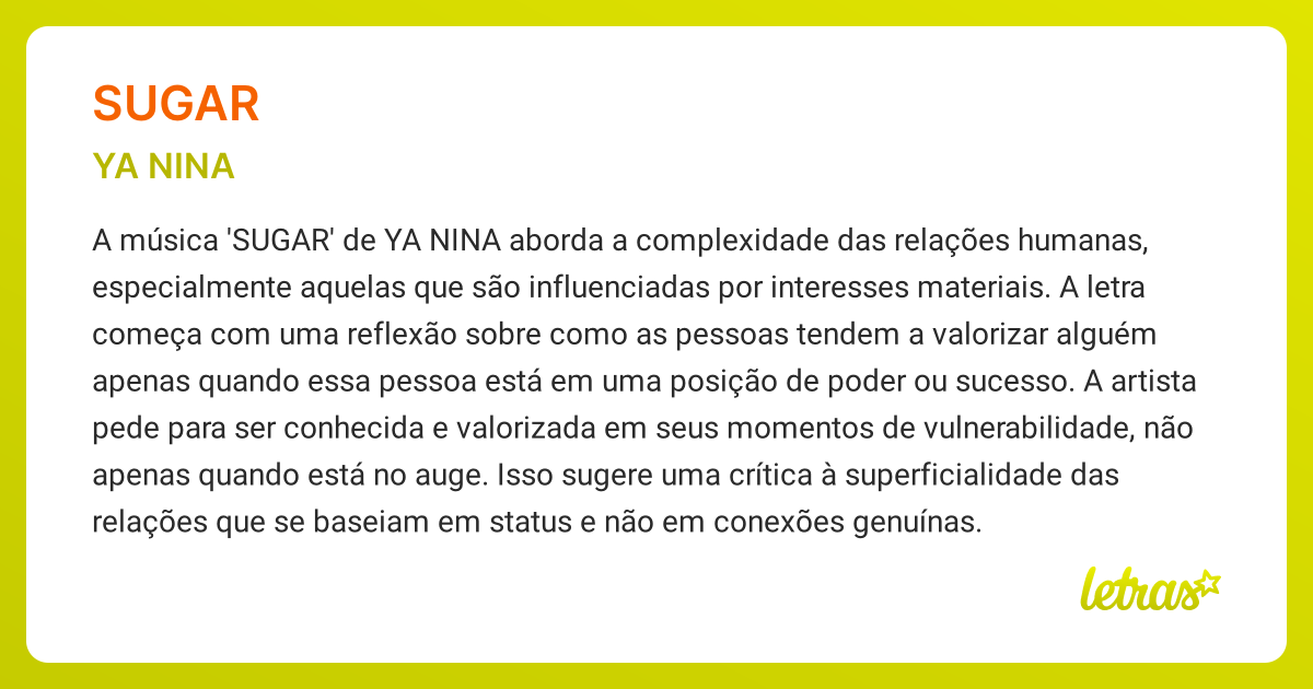 Significado da música SUGAR (YA NINA) - LETRAS.MUS.BR