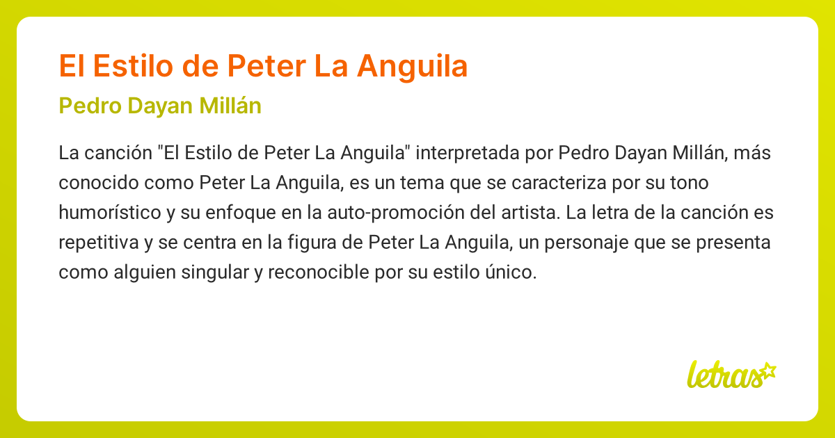 Significado de la canción EL ESTILO DE PETER LA ANGUILA (Pedro Dayan ...