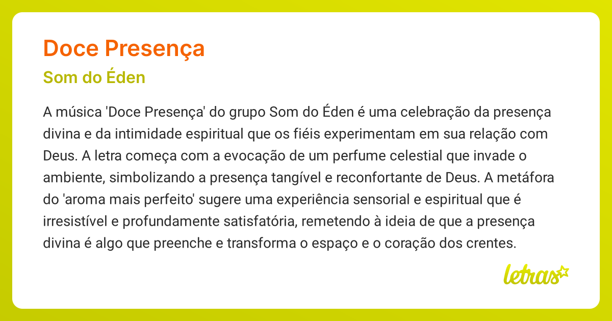 Significado da música DOCE PRESENÇA (Som do Éden) - LETRAS.MUS.BR