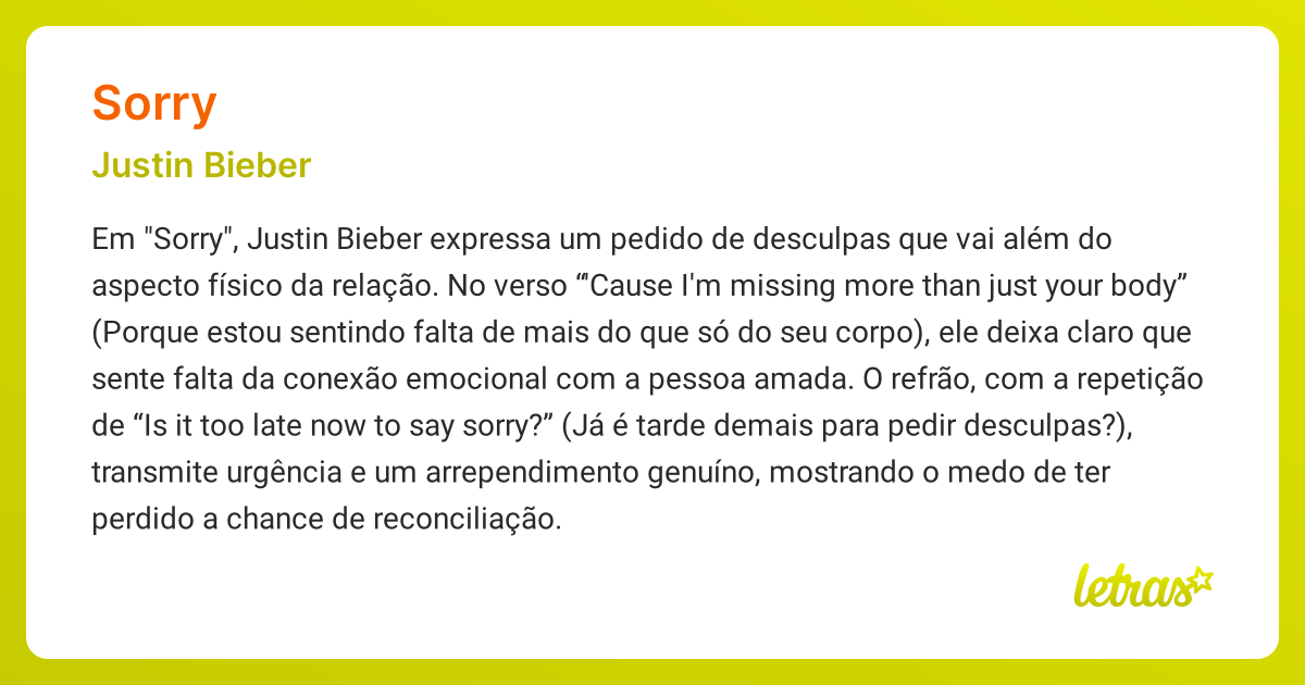 Significado da música SORRY (Justin Bieber) - LETRAS.MUS.BR