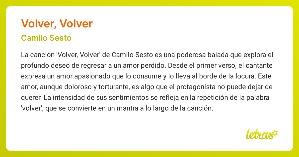 Significado de la canción VOLVER, VOLVER (Camilo Sesto) - LETRAS.COM