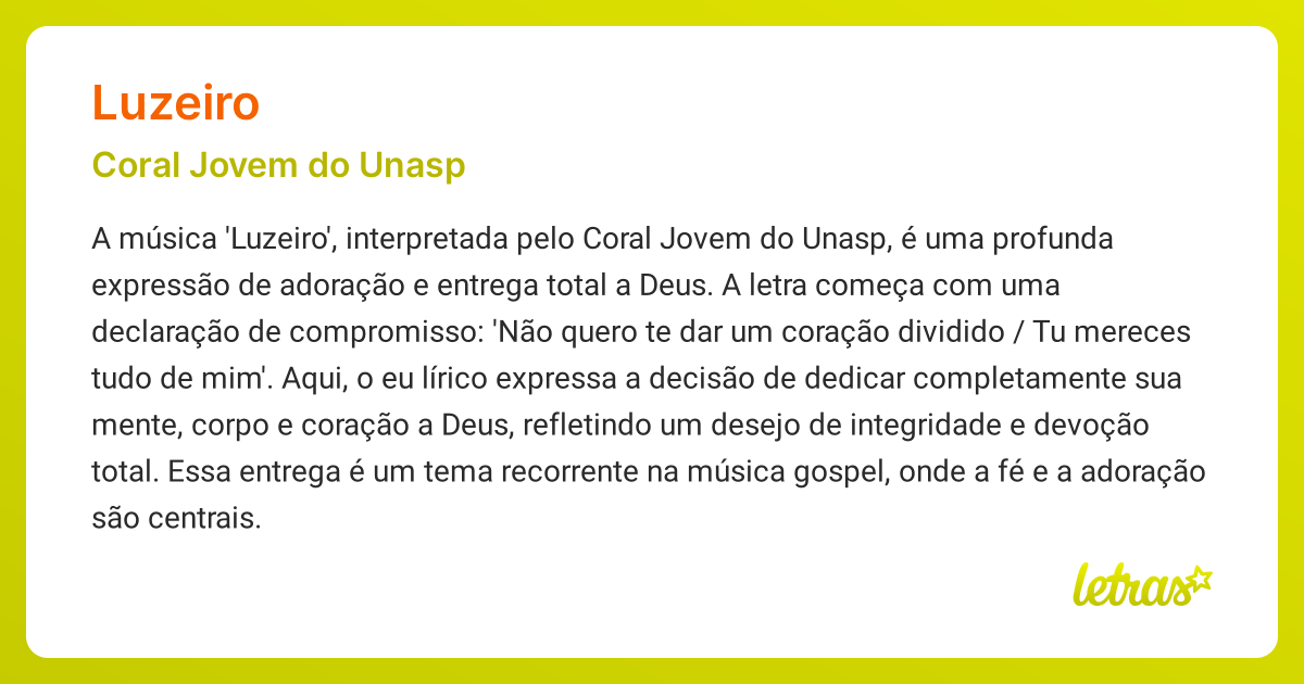 Significado da música LUZEIRO (Coral Jovem do Unasp) - LETRAS.MUS.BR