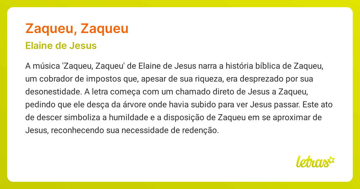 Significado da música ZAQUEU, ZAQUEU (Elaine de Jesus) - LETRAS.MUS.BR