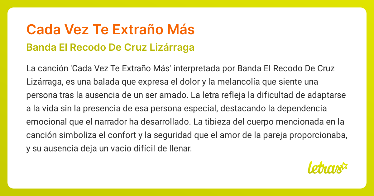 Significado de la canción CADA VEZ TE EXTRAÑO MÁS (Banda El Recodo De ...