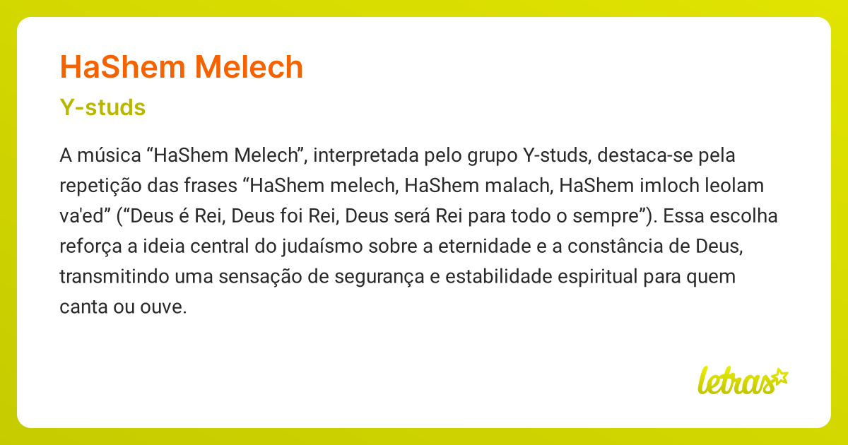Significado da música HASHEM MELECH (Y-studs) - LETRAS.MUS.BR