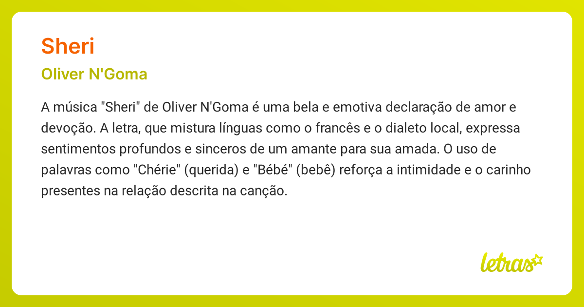 Significado da música SHERI (Oliver N'Goma) - LETRAS.MUS.BR