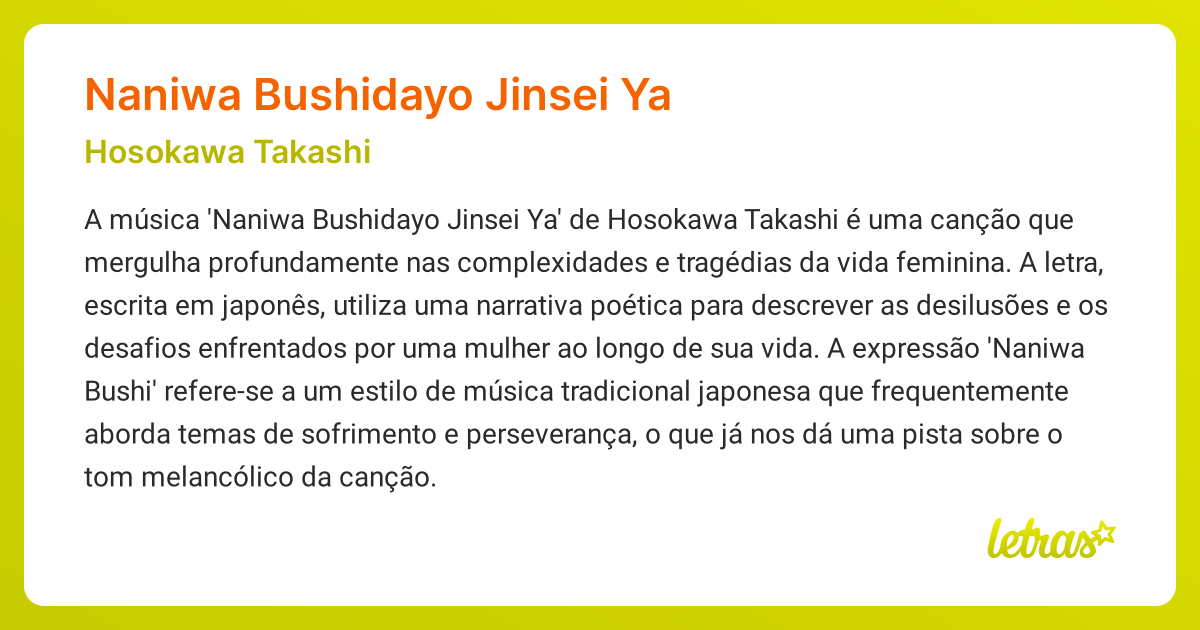 Significado da música NANIWA BUSHIDAYO JINSEI YA (Hosokawa Takashi ...