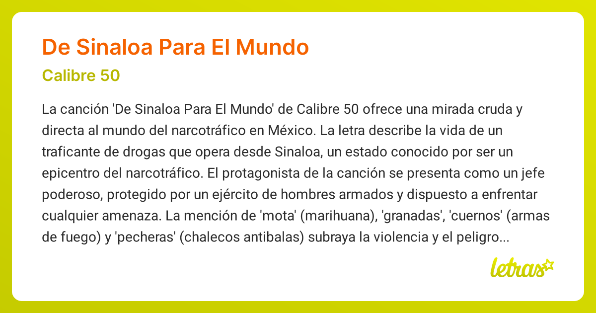 Significado de la canción DE SINALOA PARA EL MUNDO (Calibre 50 ...
