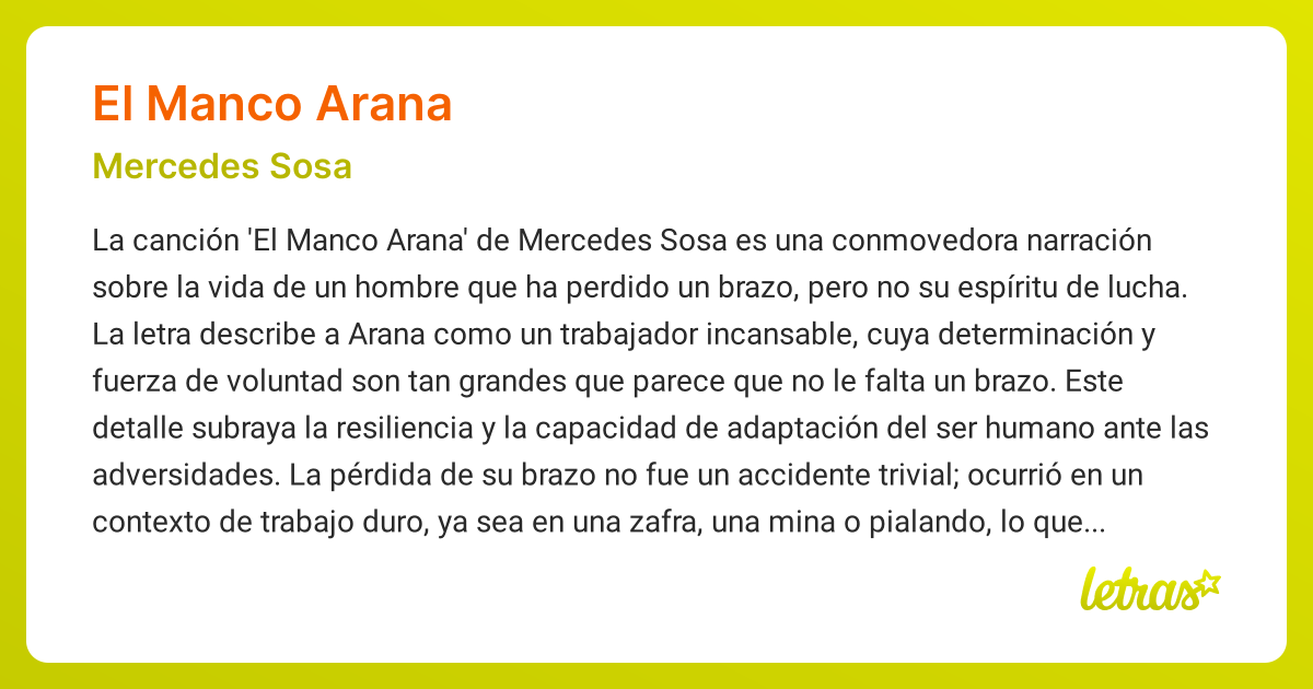 Significado de la canción EL MANCO ARANA (Mercedes Sosa) - LETRAS.COM