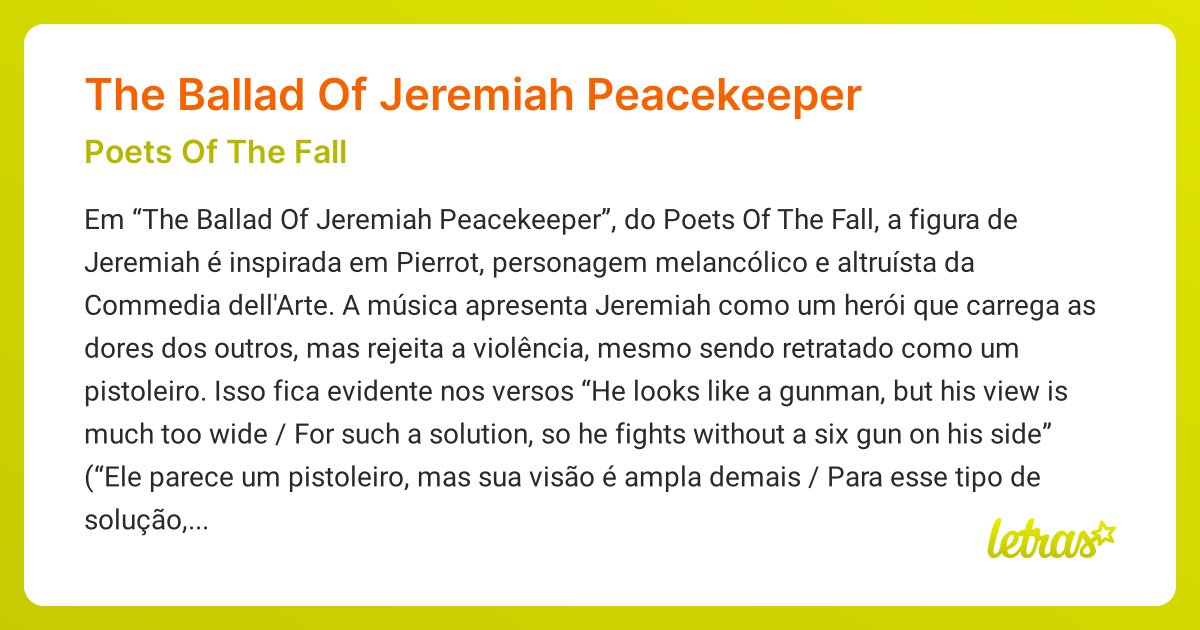 Significado da música The Ballad Of Jeremiah Peacekeeper (Poets Of The ...