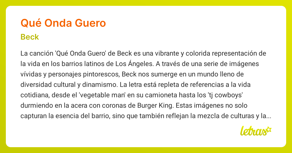 Significado de la canción QUÉ ONDA GUERO (Beck) - LETRAS.COM