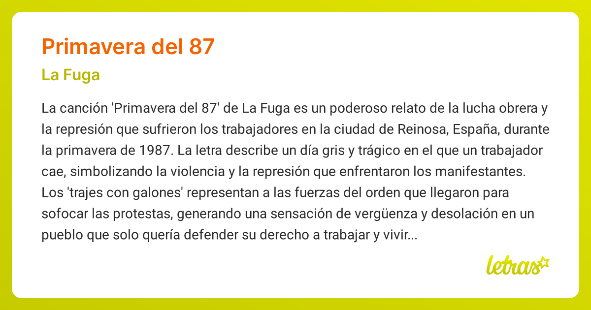 Significado de la canción PRIMAVERA DEL 87 (La Fuga) - LETRAS.COM