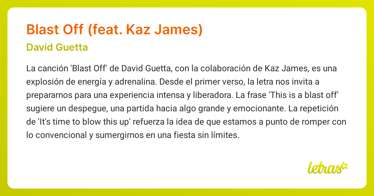 Significado de la canción BLAST OFF (FEAT. KAZ JAMES) (David Guetta) - LETRAS.COM
