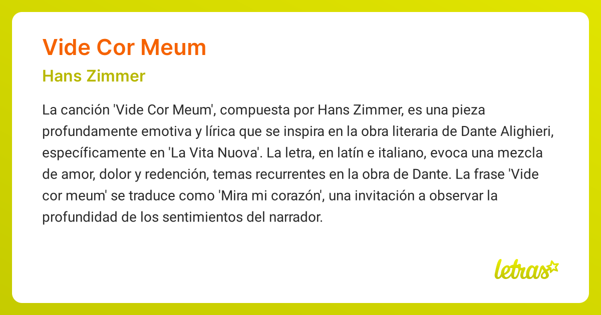 Significado de la canción VIDE COR MEUM (Hans Zimmer) - LETRAS.COM
