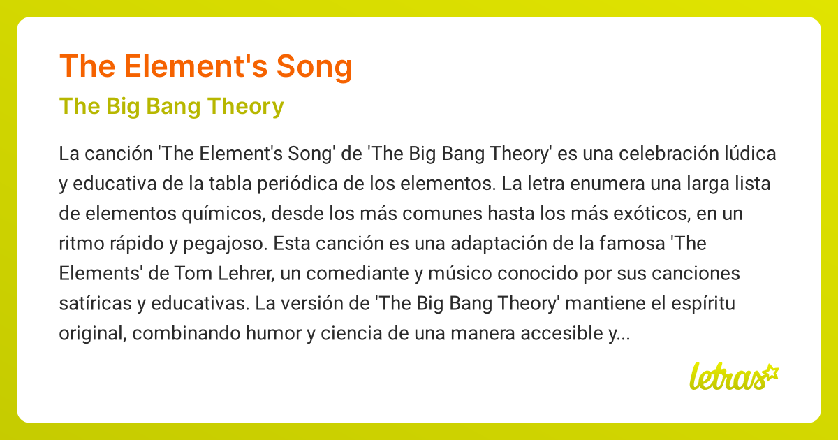 Significado de la canción THE ELEMENT'S SONG (The Big Bang Theory ...