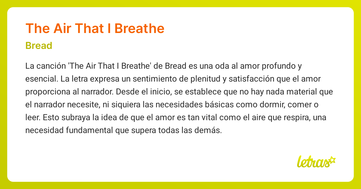 Significado de la canción THE AIR THAT I BREATHE (Bread) - LETRAS.COM