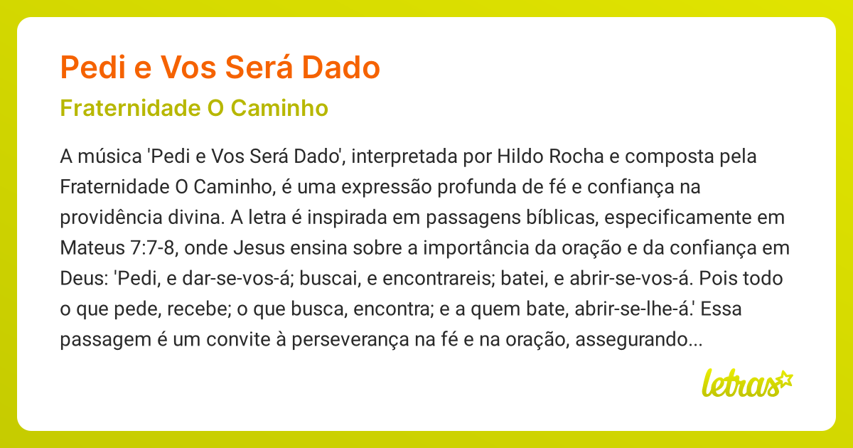 Significado da música PEDI E VOS SERÁ DADO (Fraternidade O Caminho ...