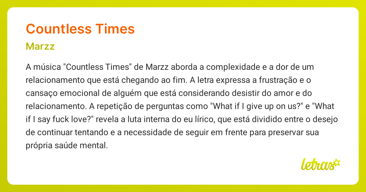 Significado da música COUNTLESS TIMES (Marzz) - LETRAS.MUS.BR