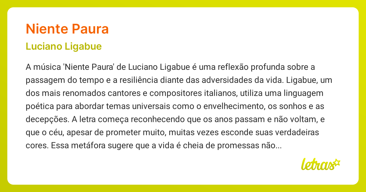 Significado da música NIENTE PAURA (Luciano Ligabue) - LETRAS.MUS.BR