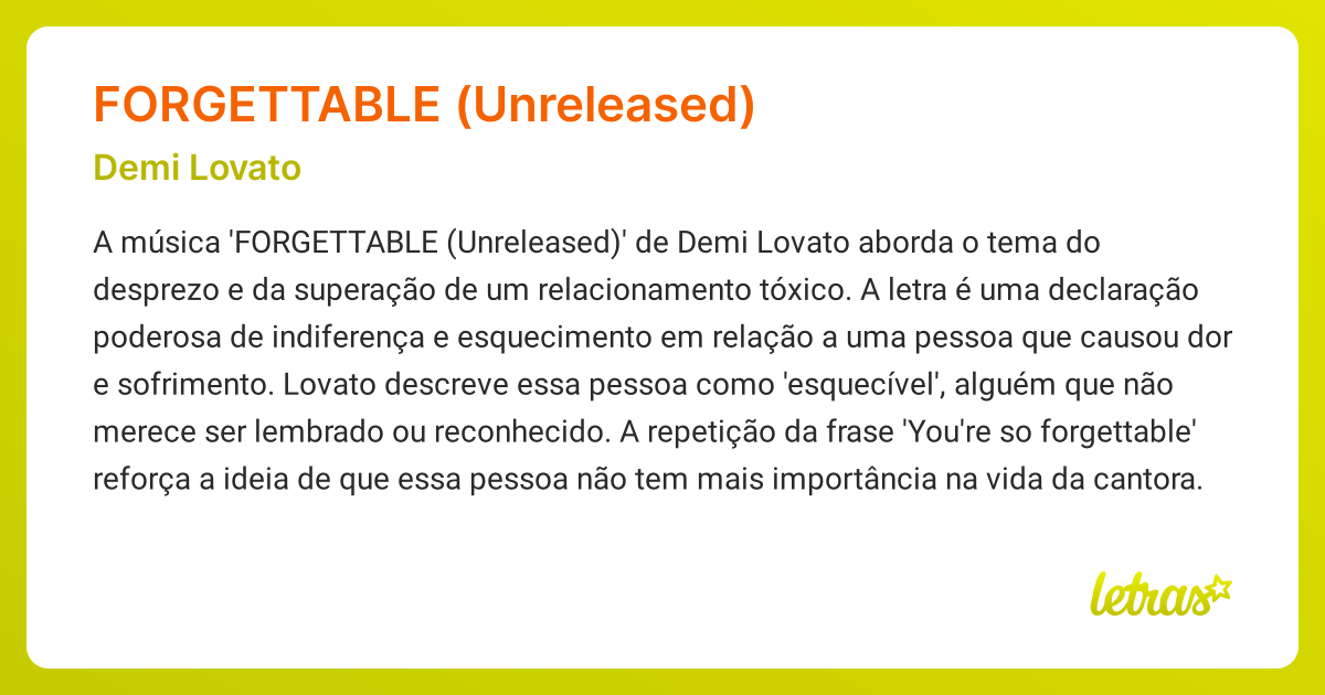 Significado da música FORGETTABLE (UNRELEASED) (Demi Lovato) - LETRAS ...