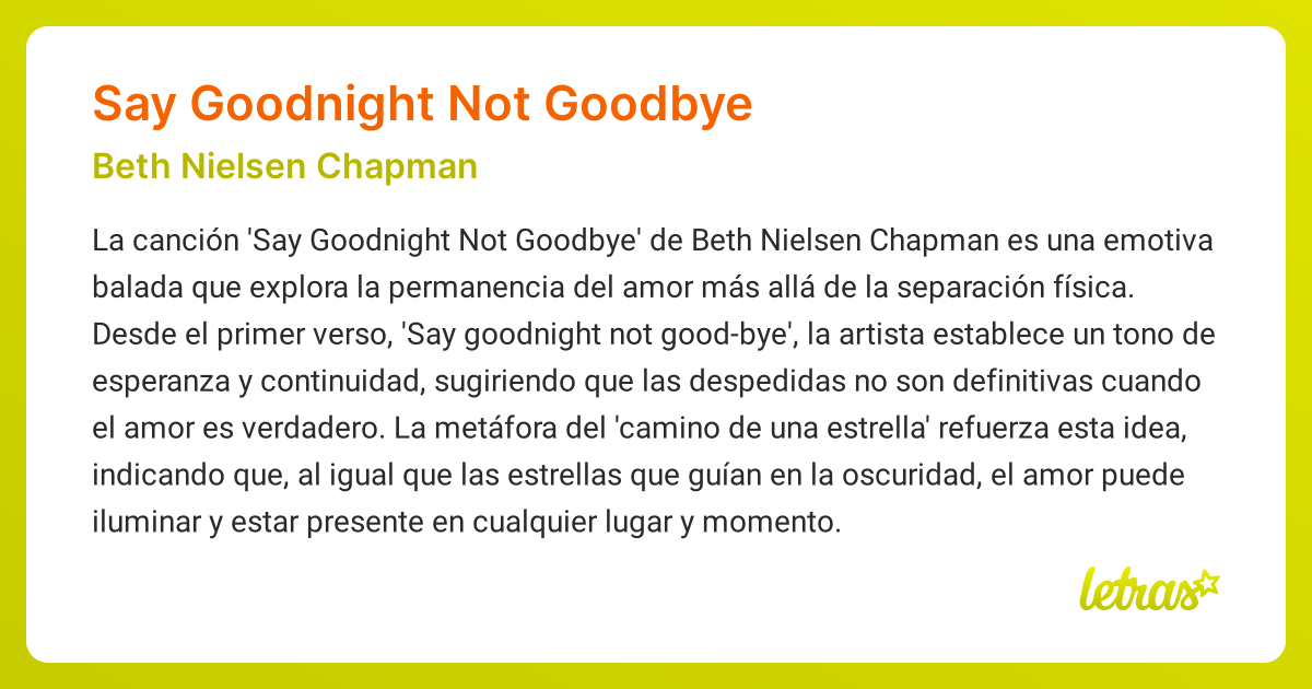 Significado de la canción SAY GOODNIGHT NOT GOODBYE (Beth Nielsen ...