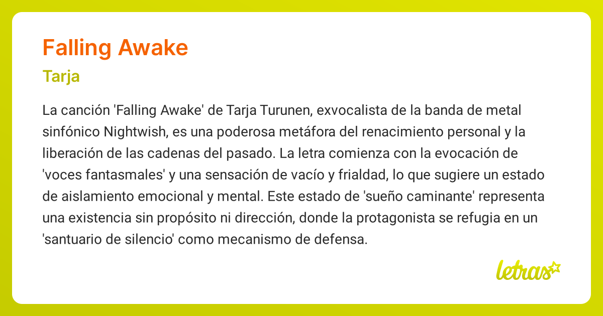 Significado de la canción FALLING AWAKE (Tarja) - LETRAS.COM