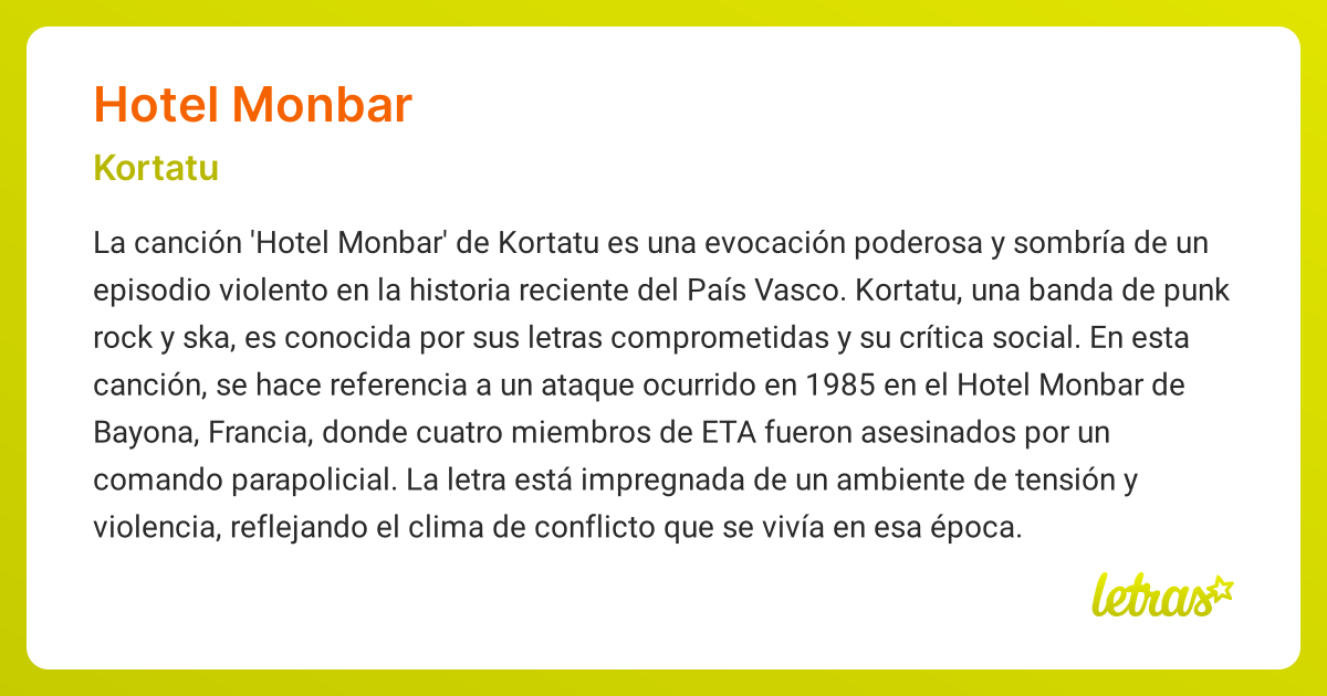 Significado de la canción HOTEL MONBAR (Kortatu) - LETRAS.COM