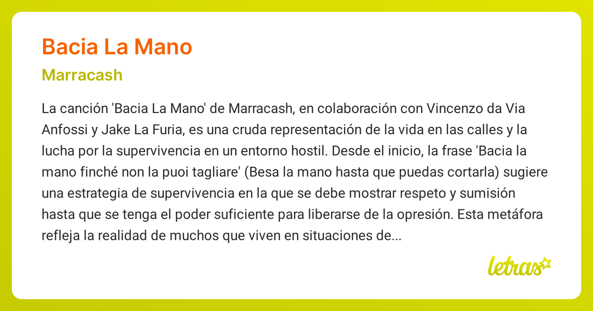 Significado de la canción BACIA LA MANO (Marracash) - LETRAS.COM