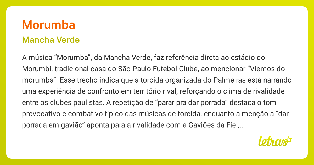Significado da música MORUMBA (Mancha Verde) - LETRAS.MUS.BR