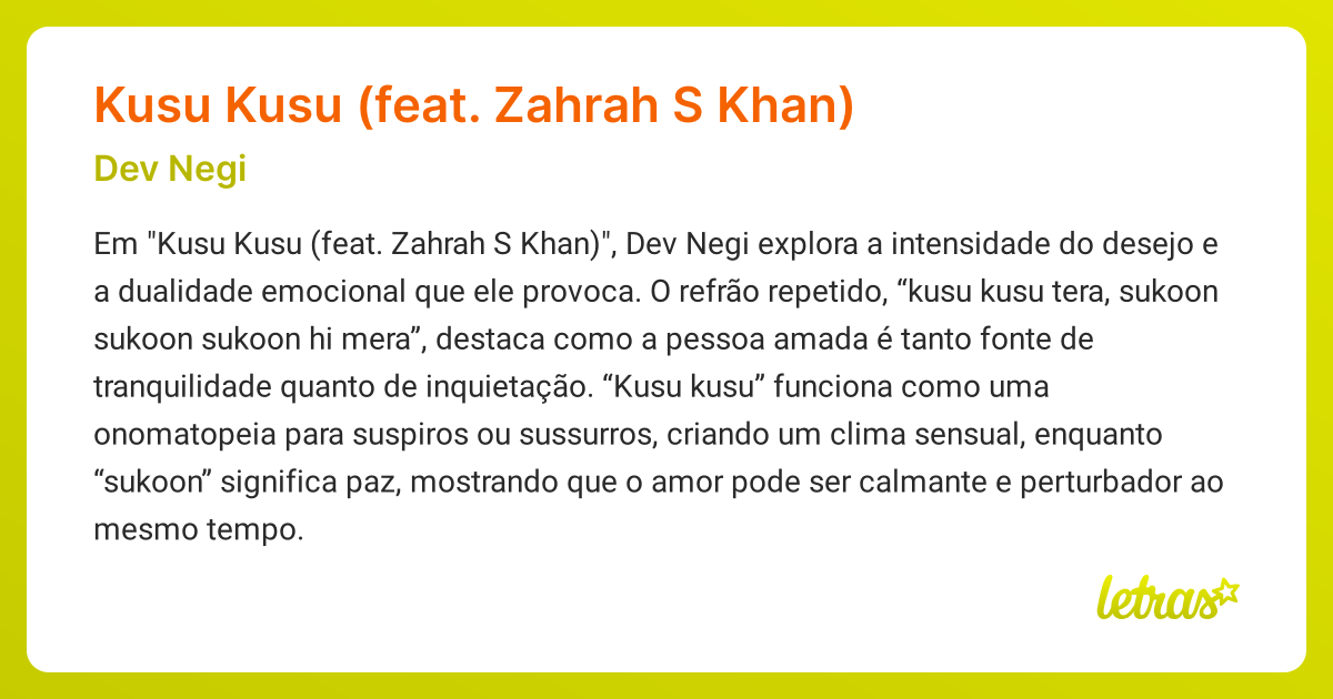 Significado da música Kusu Kusu (feat. Zahrah S Khan) (Dev Negi ...