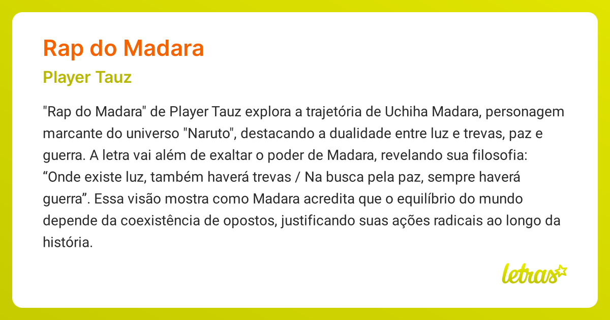 Significado da música RAP DO MADARA (Player Tauz) - LETRAS.MUS.BR