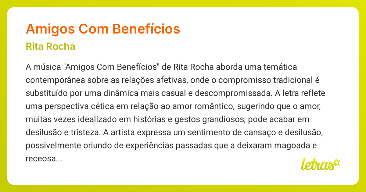 Significado da música AMIGOS COM BENEFÍCIOS (Rita Rocha) - LETRAS.MUS.BR