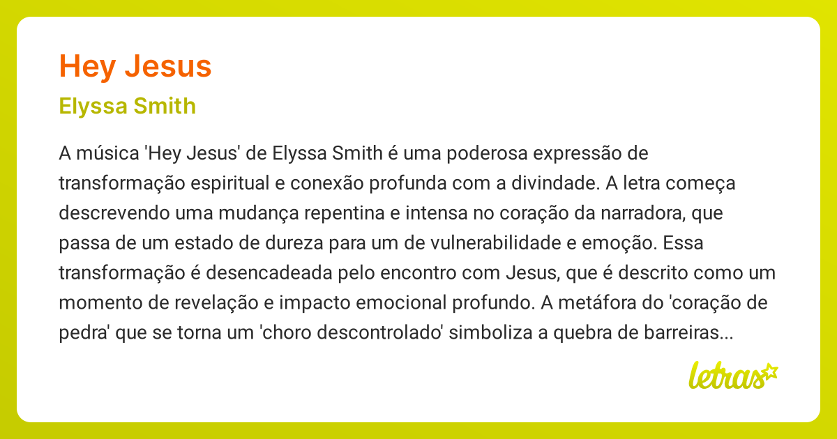 Significado da música HEY JESUS (Elyssa Smith) - LETRAS.MUS.BR