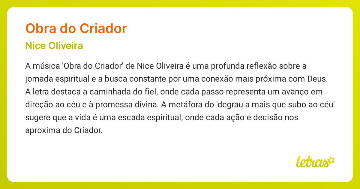 Significado da música OBRA DO CRIADOR (Nice Oliveira) - LETRAS.MUS.BR