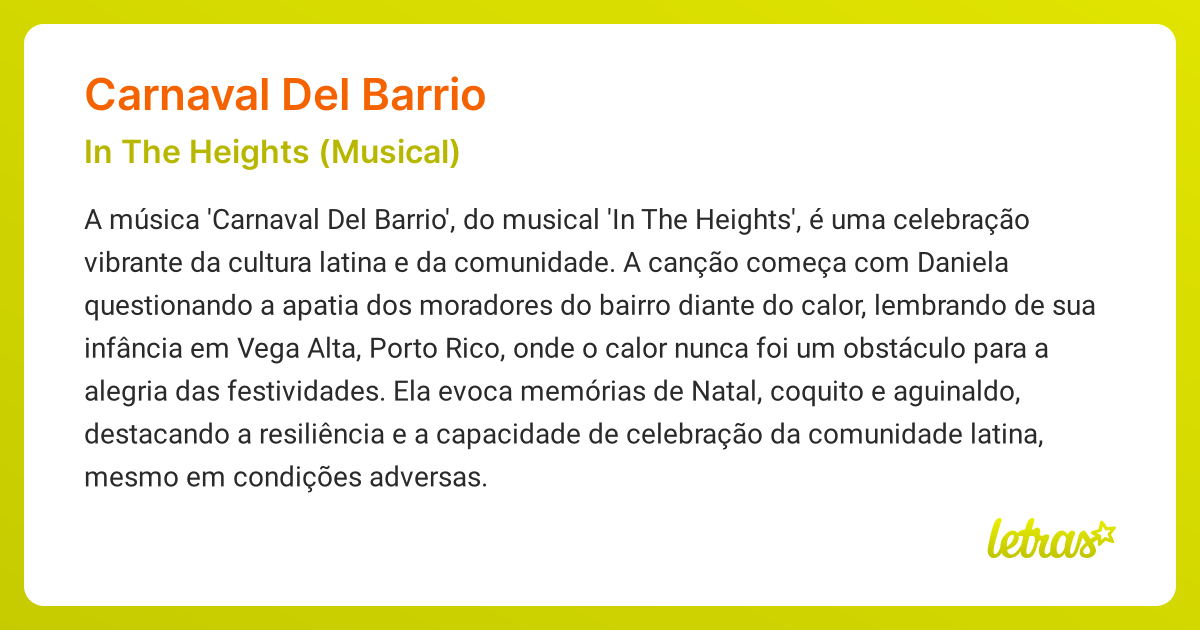 Significado da música CARNAVAL DEL BARRIO (In The Heights (Musical ...