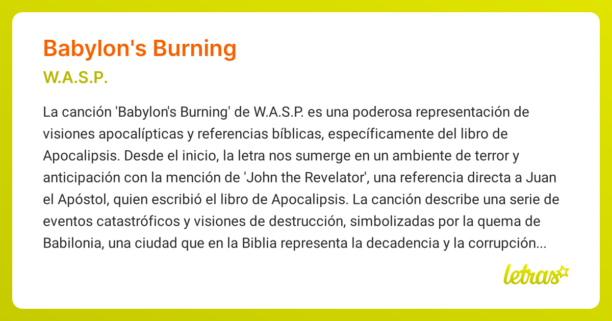 Significado de la canción BABYLON'S BURNING (W.A.S.P.) - LETRAS.COM