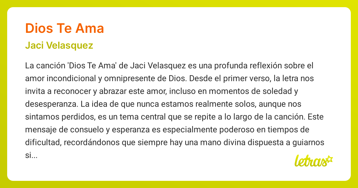 Significado de la canción DIOS TE AMA (Jaci Velasquez) - LETRAS.COM