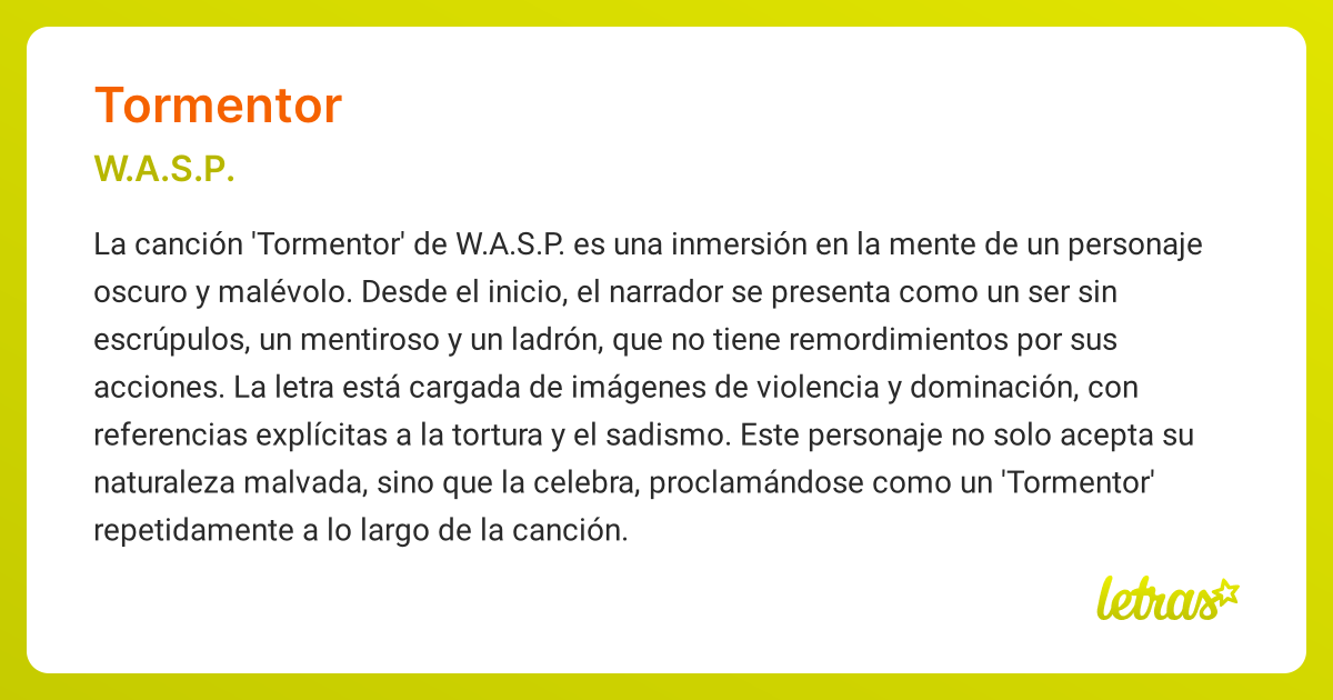 Significado de la canción TORMENTOR (W.A.S.P.) - LETRAS.COM